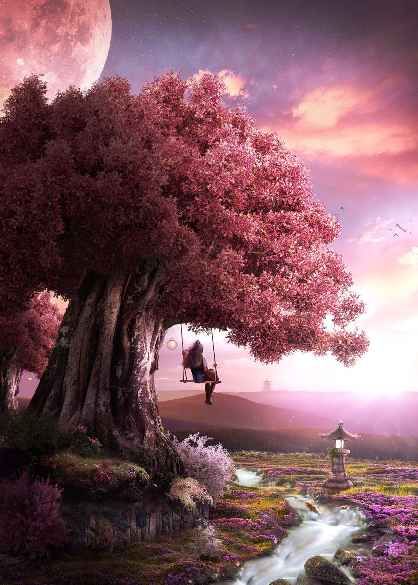 'Sakura Sunset' Poster, picture, metal print, paint by Jxime | Displate