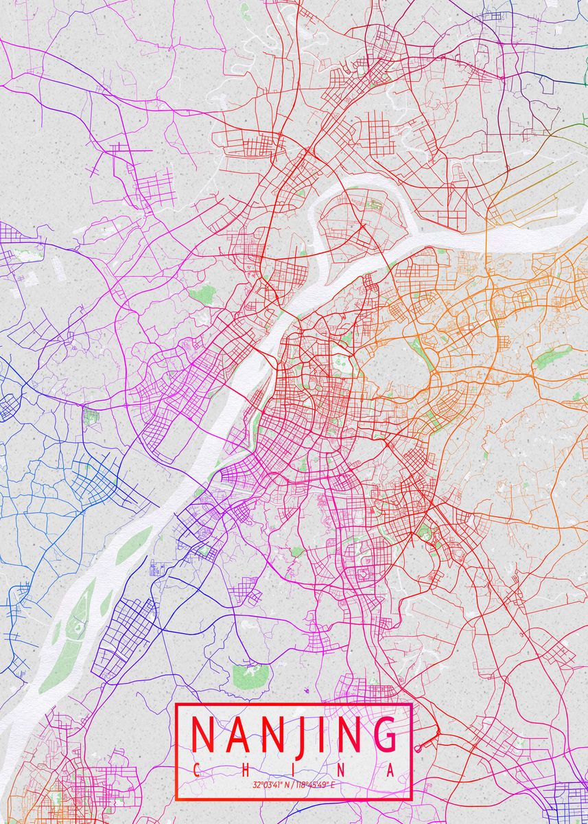 'Nanjing City Map Colorful' Poster, picture, metal print, paint by ...