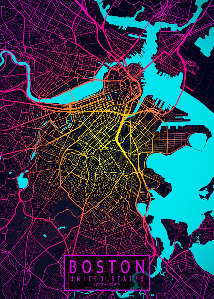 'Boston City Map Neon' Poster, picture, metal print, paint by deMAP ...