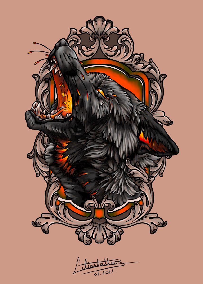 'Fire Wolf' Poster, picture, metal print, paint by lilia seillan | Displate
