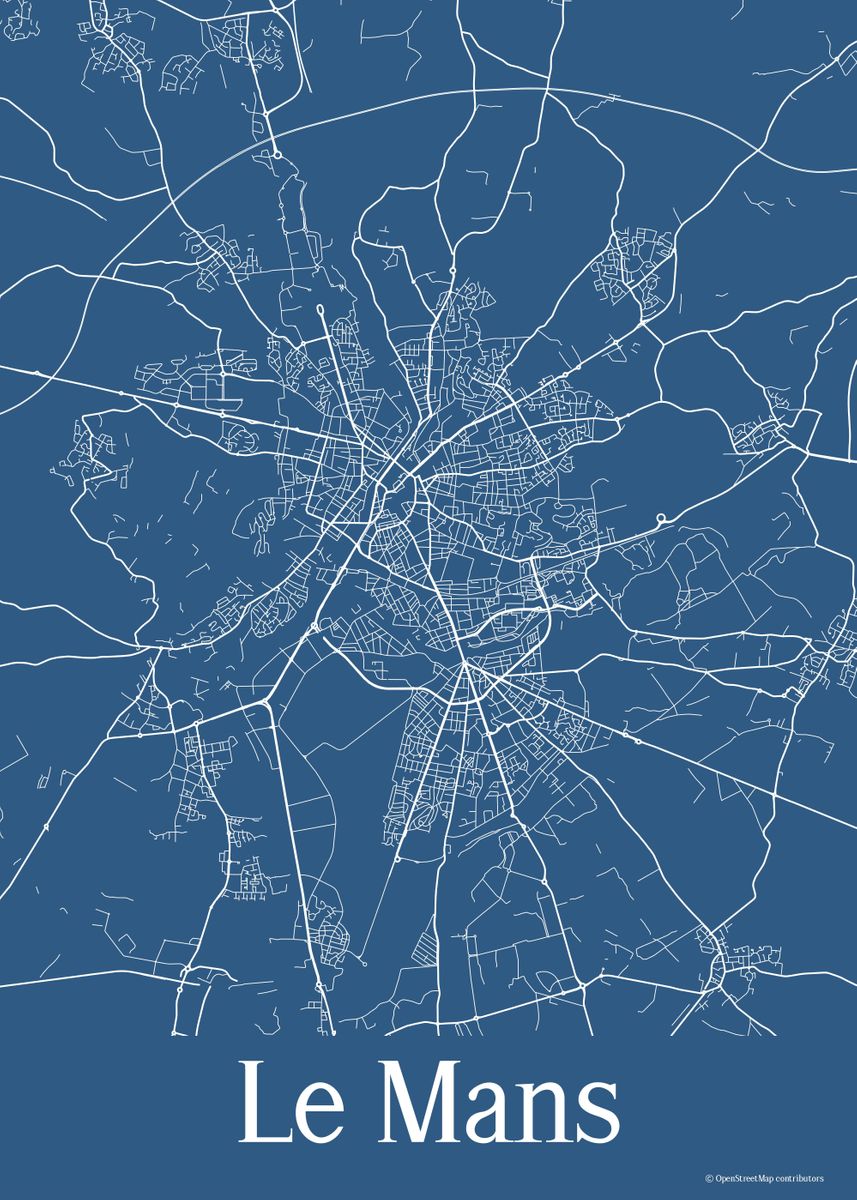 'Le Mans France Blue Map' Poster, picture, metal print, paint by ...