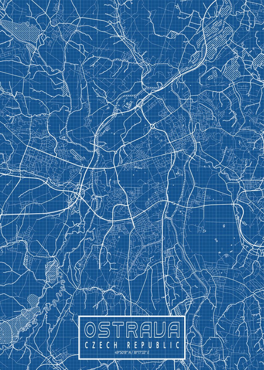 'Ostrava Map Blueprint' Poster, picture, metal print, paint by deMAP ...