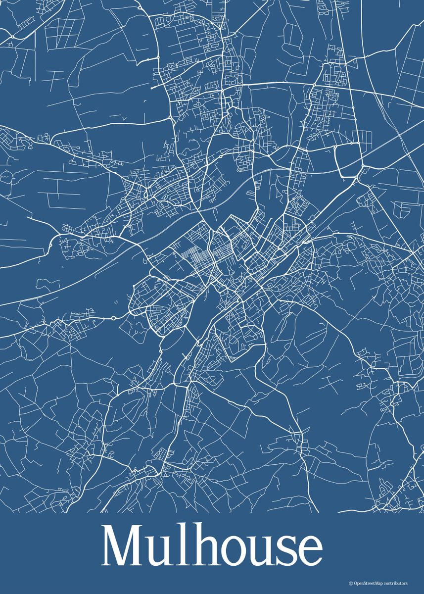 'Mulhouse France Blue Map' Poster, picture, metal print, paint by ...