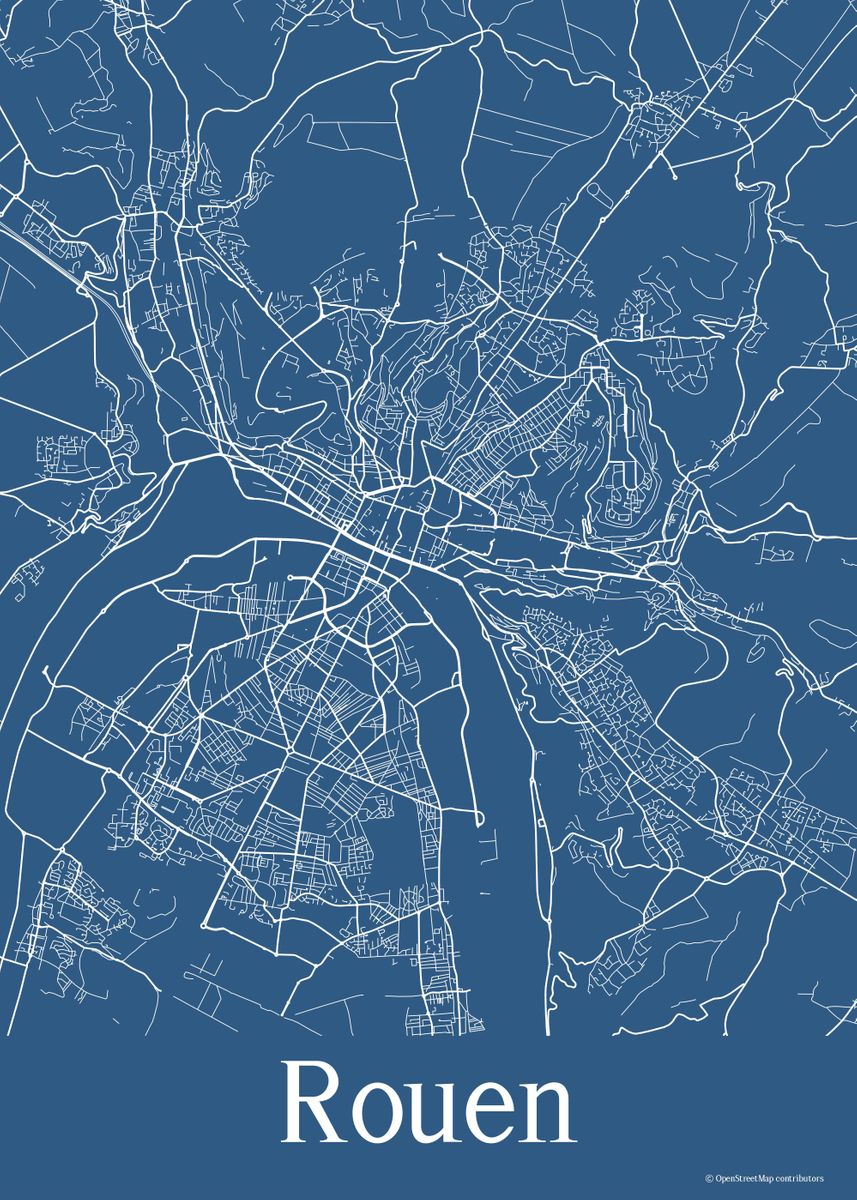 'Rouen France Blue Map' Poster by Mappingz | Displate