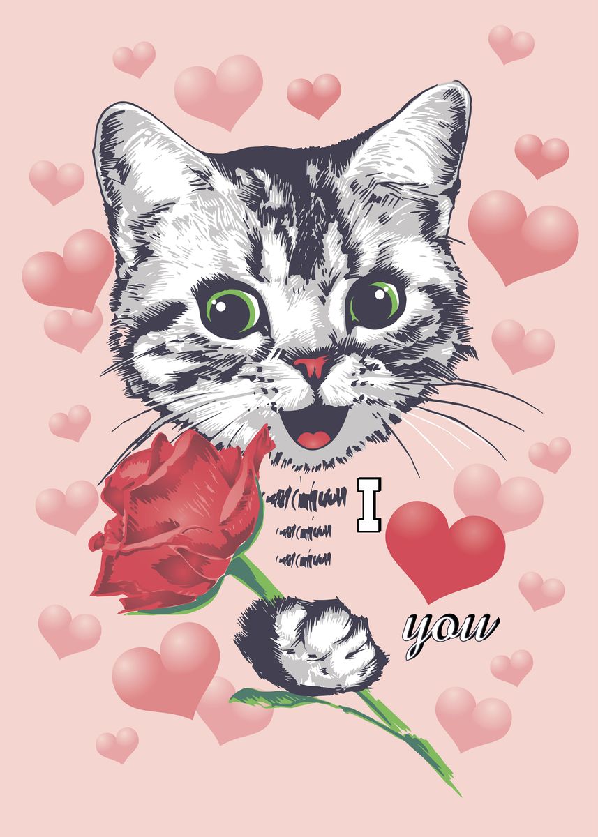 'Cat with rose' Poster, picture, metal print, paint by MARINA ...