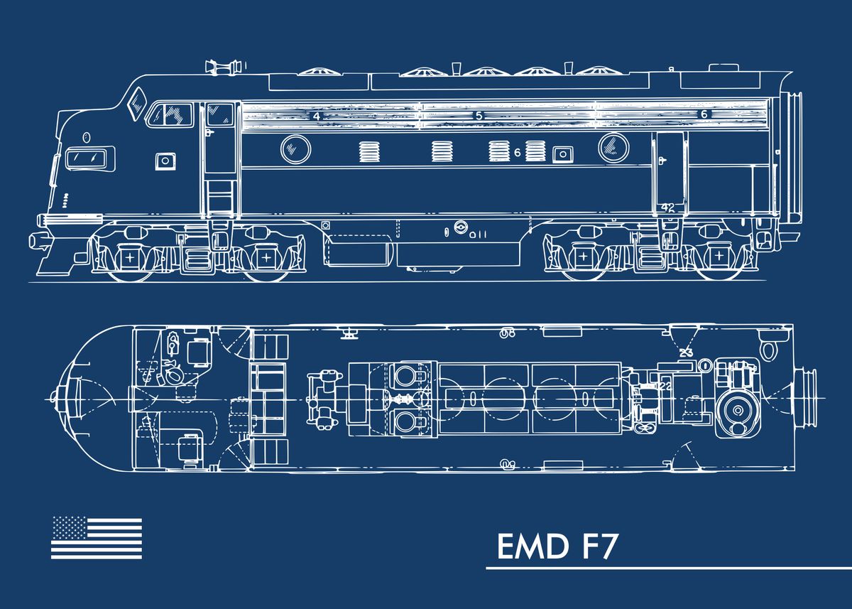 'EMD F7 TRAIN USA BLUEPRINT' Poster by Atomic Chinook | Displate