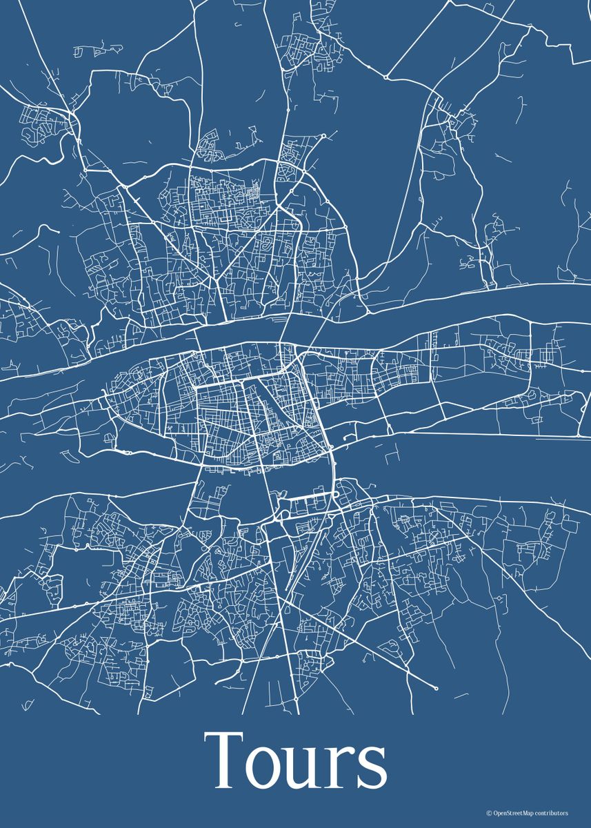 'Tours France Blue Map' Poster by Mappingz | Displate