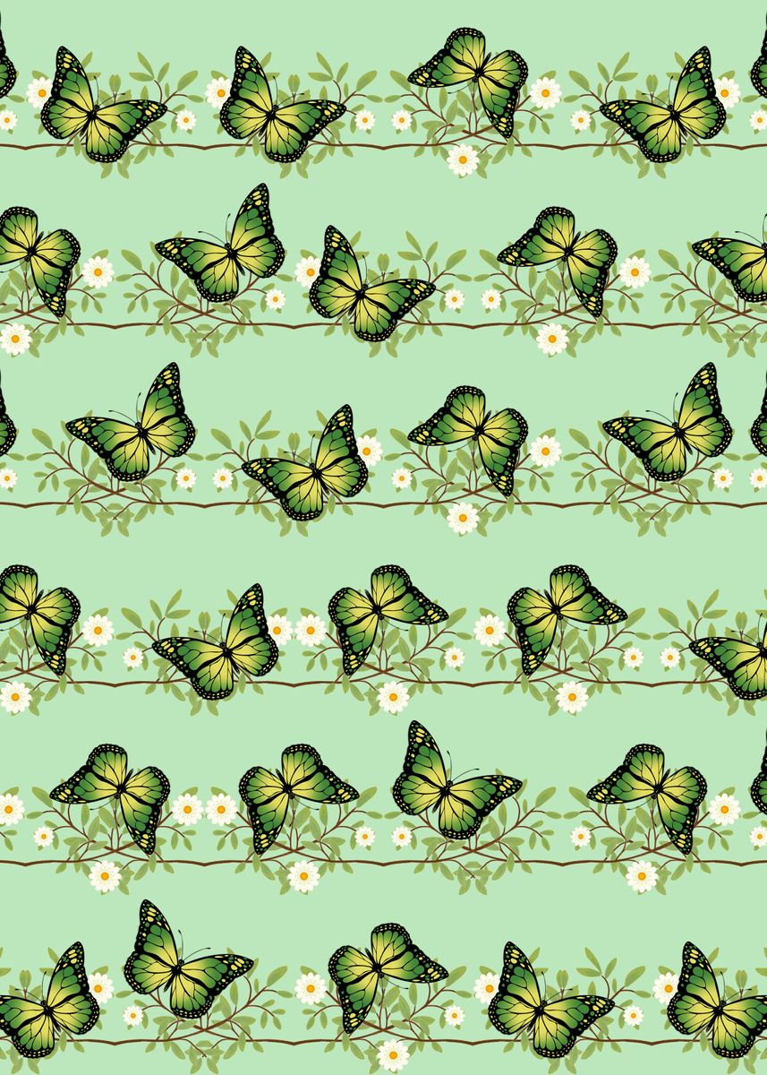 'Green butterflies pattern' Poster, picture, metal print, paint by ...