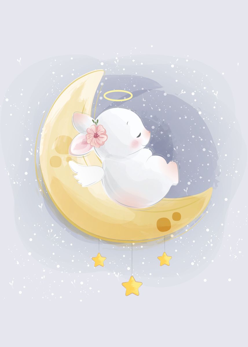 'Cute Bunny Sleep On Moon' Poster, picture, metal print, paint by ...