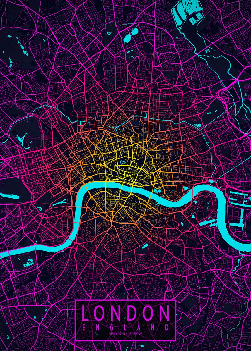 'London City Map Neon' Poster, picture, metal print, paint by deMAP ...