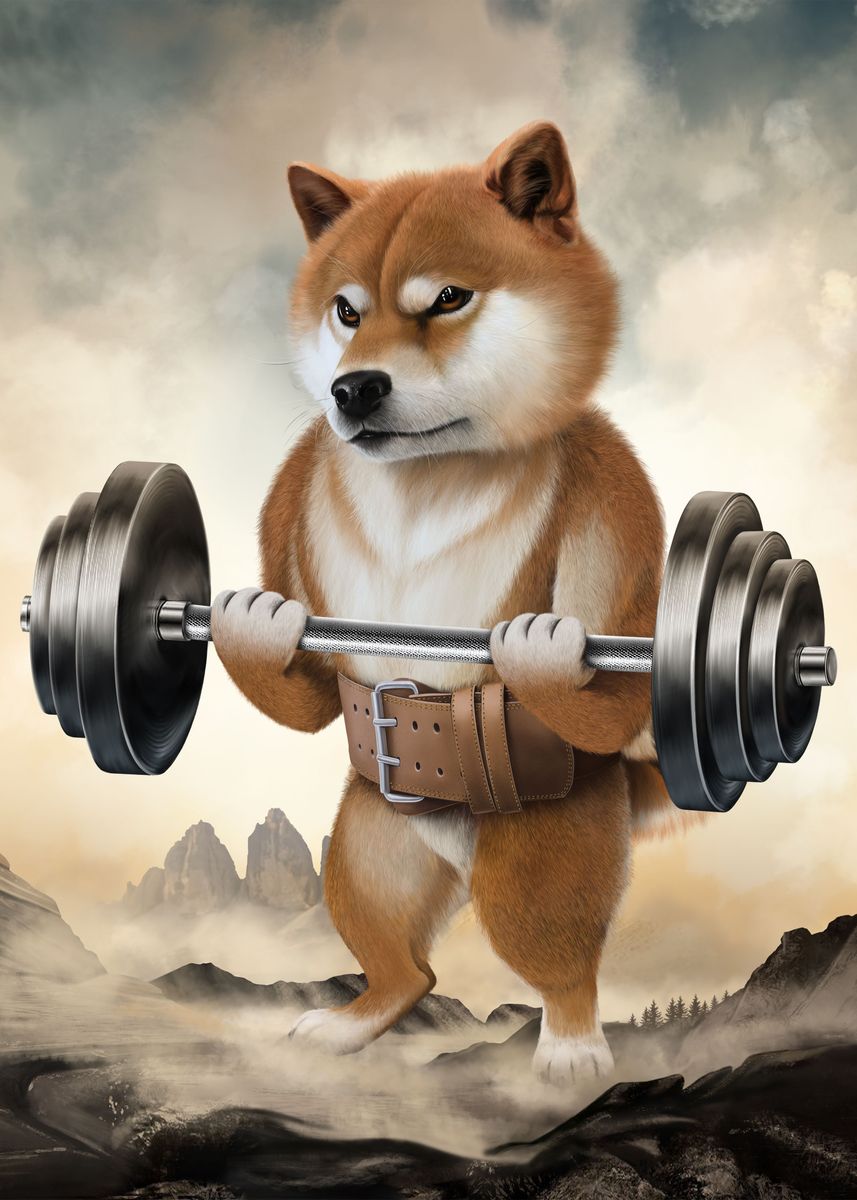 'Shiba Dog Weightlifting' Poster, picture, metal print, paint by Jeff ...