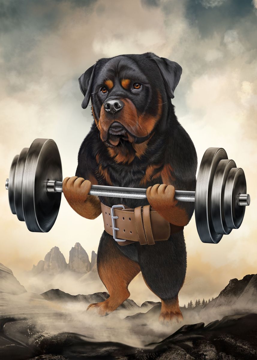 'Rottweiler Dog Weightlift' Poster, picture, metal print, paint by Jeff ...