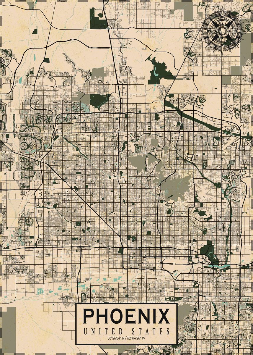 'Phoenix City Map Vintage' Poster, picture, metal print, paint by deMAP ...