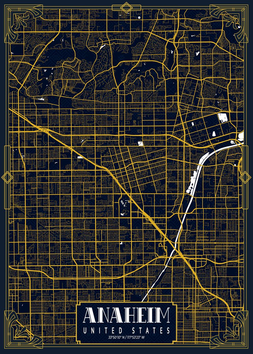'Anaheim City Map Gold' Poster, picture, metal print, paint by deMAP ...