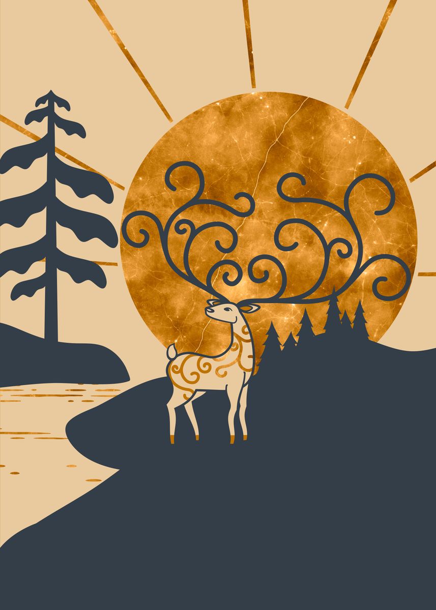 'Majestic Stag Golden Sun' Poster, picture, metal print, paint by Blume ...