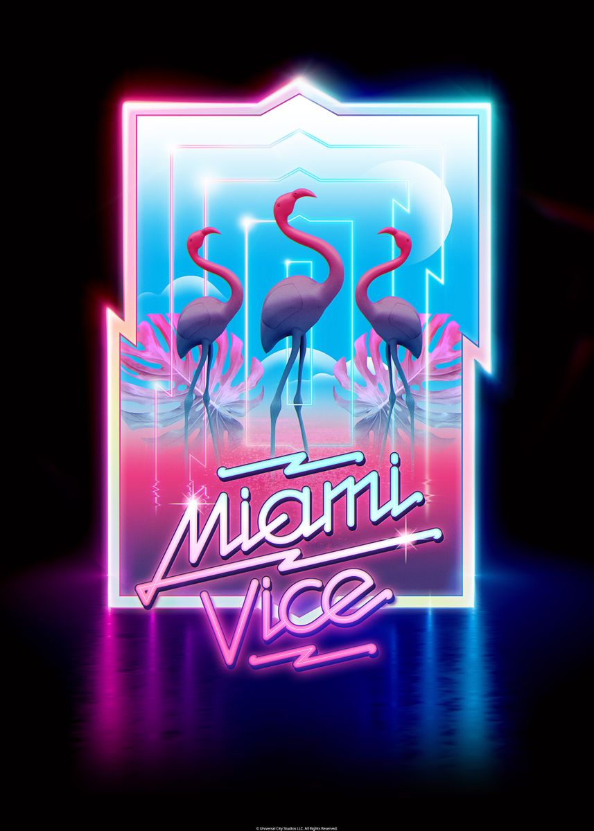 'Miami Vice Flamingos Dark' Poster, picture, metal print, paint by ...