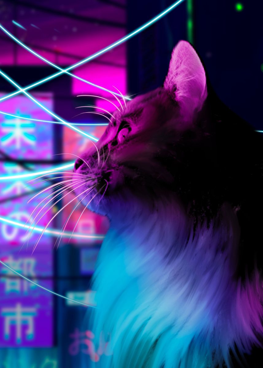 'neon cat' Poster, picture, metal print, paint by sinnois | Displate