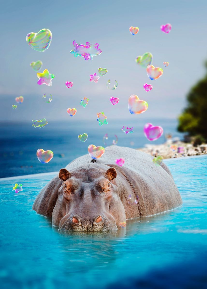 'Happy Hippo' Poster, picture, metal print, paint by le Petra | Displate