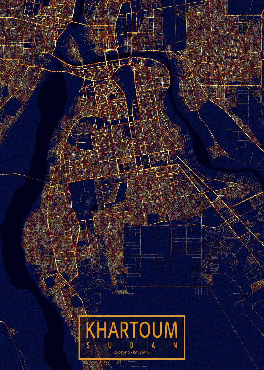 'Khartoum Map City At Night' Poster, picture, metal print, paint by ...