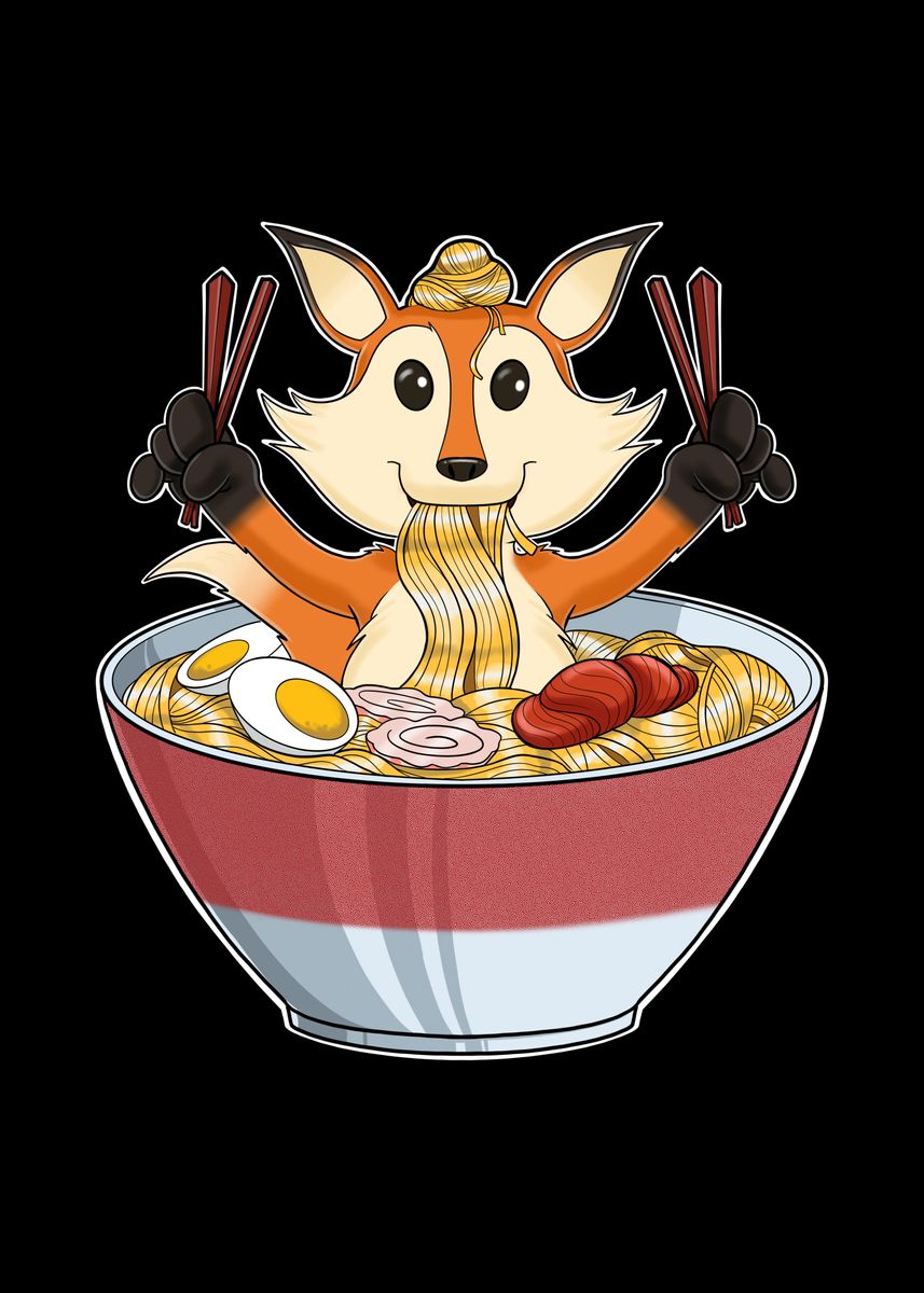 'Kawaii Fox Japanese Ramen' Poster, picture, metal print, paint by ...