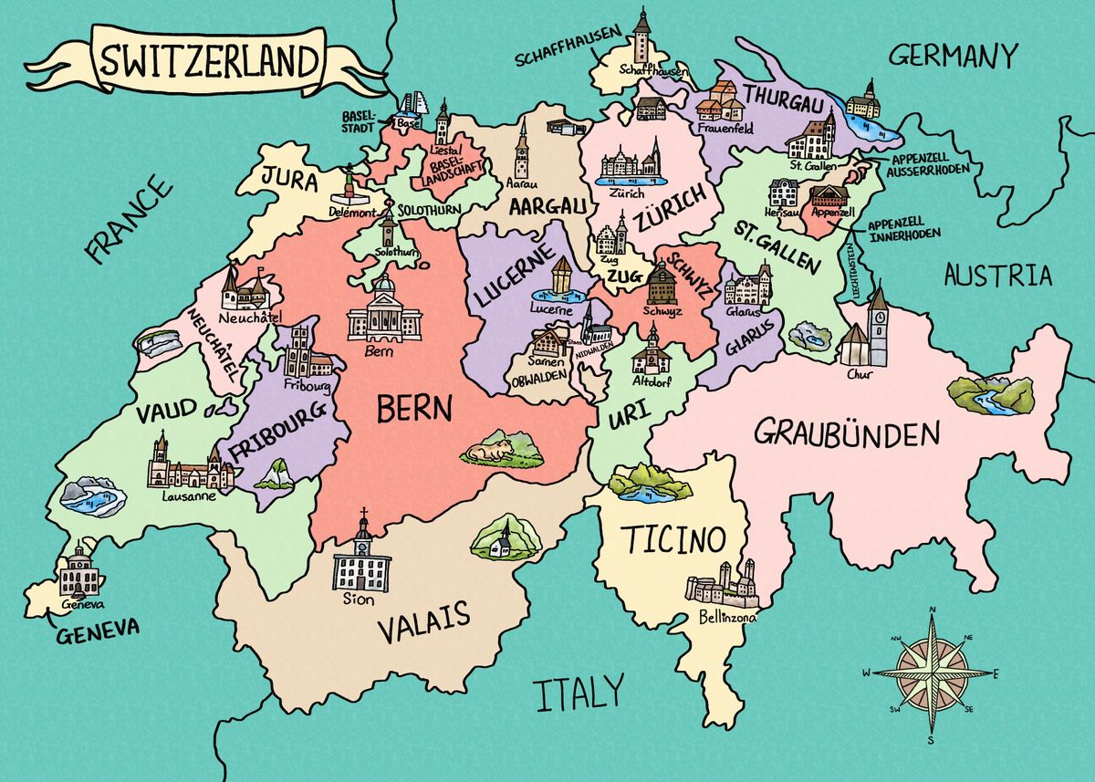 'Switzerland Color Map' Poster by Sheridan T | Displate
