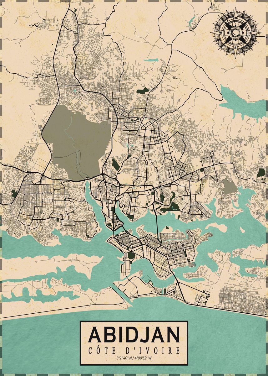 'Abidjan City Map Vintage' Poster, picture, metal print, paint by deMAP ...