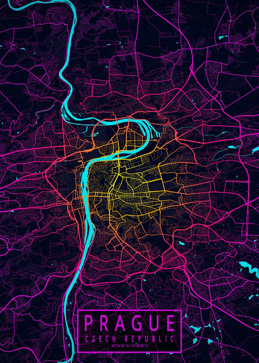 'Prague City Map Neon' Poster by deMAP Studio | Displate