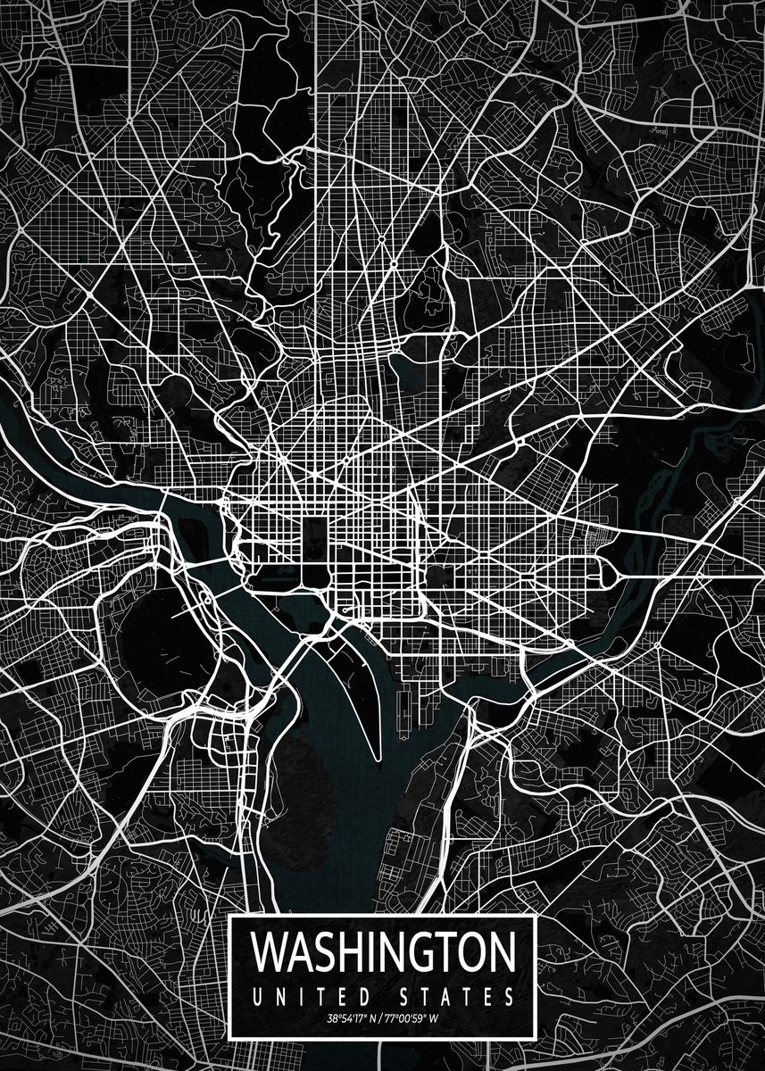 'Washington City Map Dark' Poster, picture, metal print, paint by deMAP ...