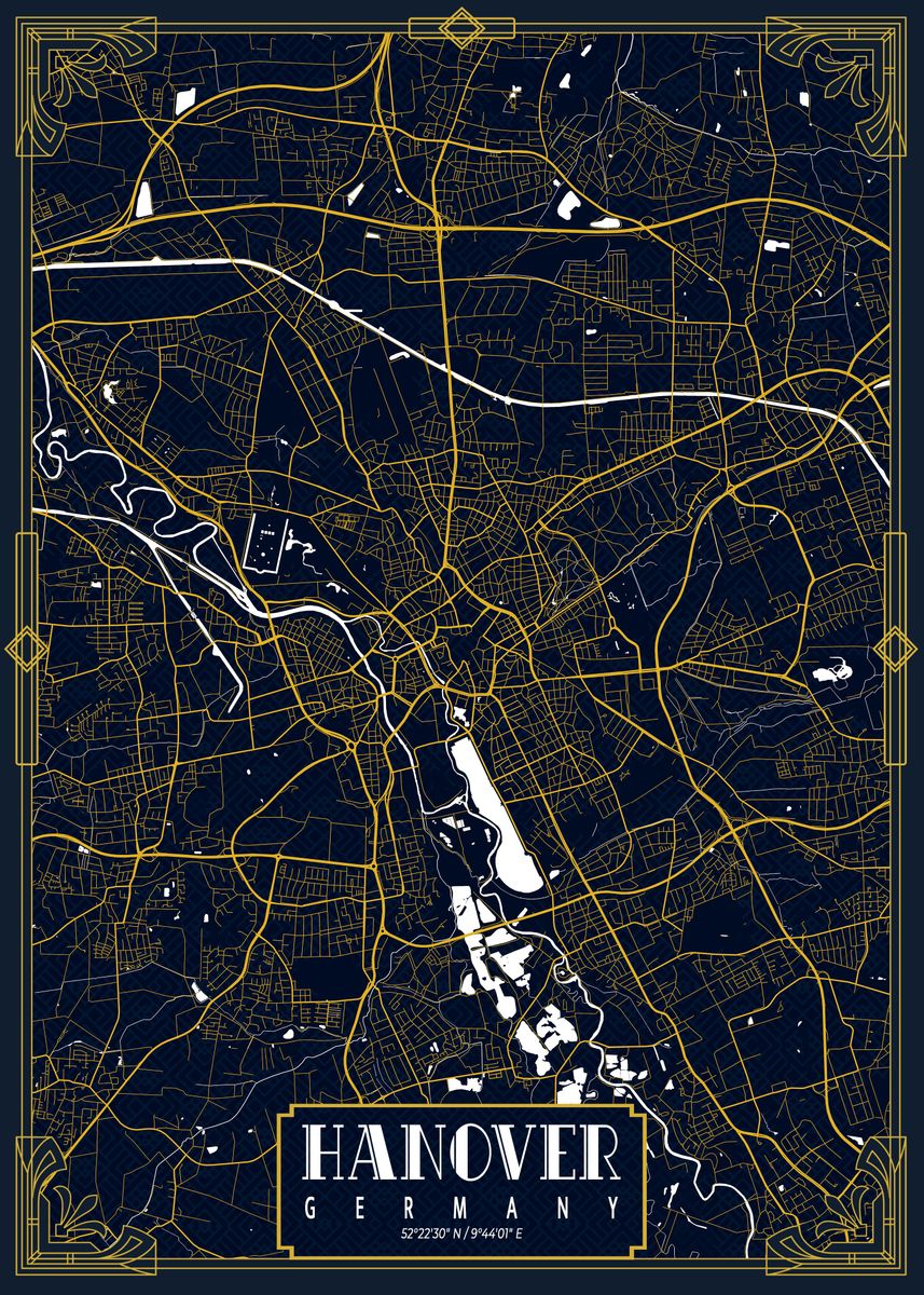 'Hanover City Map Gold' Poster, picture, metal print, paint by deMAP ...