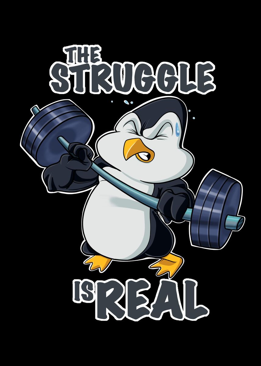 'Penguin Fitness Struggle' Poster, picture, metal print, paint by ...