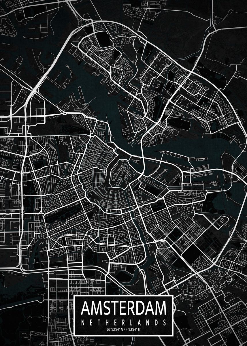'Amsterdam City Map Dark' Poster, picture, metal print, paint by deMAP ...