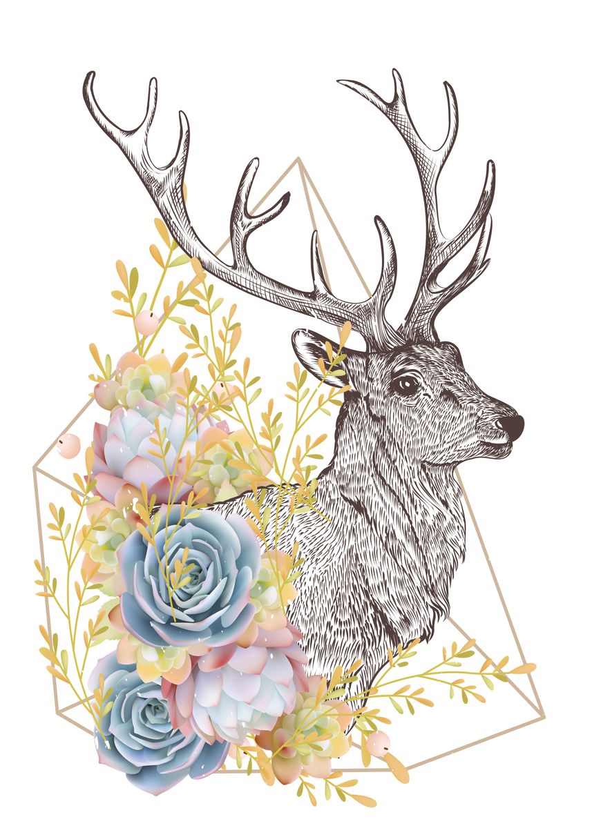 'Boho style deer flowers' Poster, picture, metal print, paint by ...