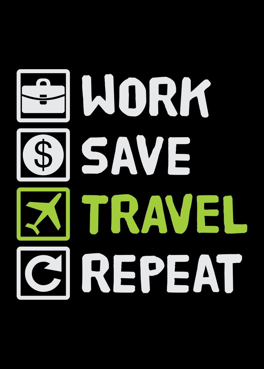 'Work Save Travel Repeat' Poster by Steven Zimmer | Displate