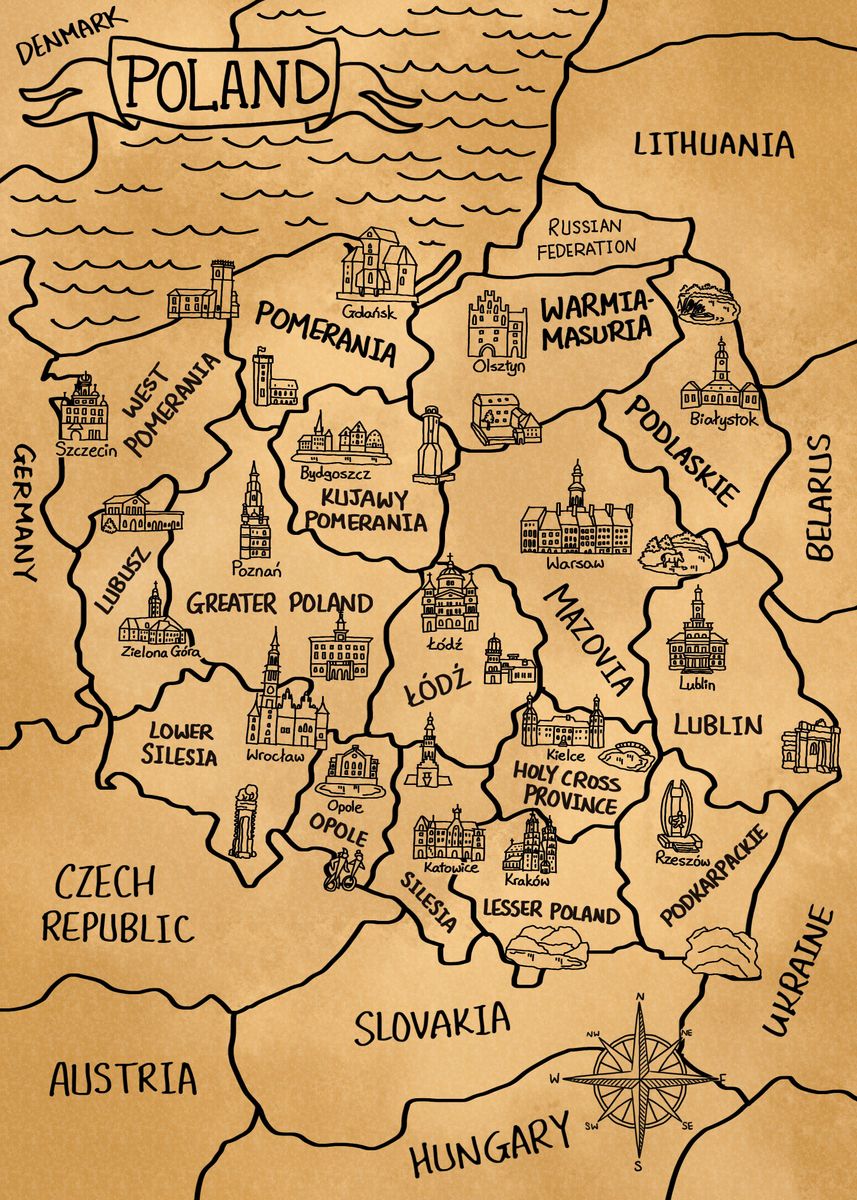 'Vintage Map of Poland' Poster, picture, metal print, paint by Sheridan ...