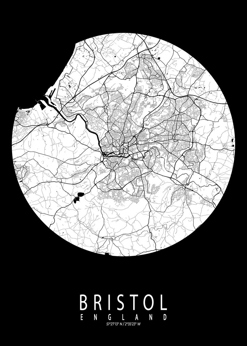 'Bristol City Map Full Moon' Poster, picture, metal print, paint by ...