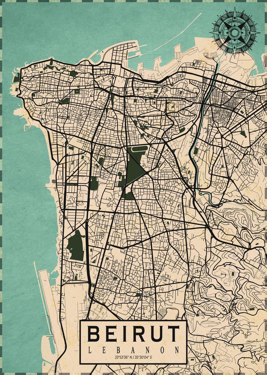 'Beirut City Map Vintage' Poster, picture, metal print, paint by deMAP ...