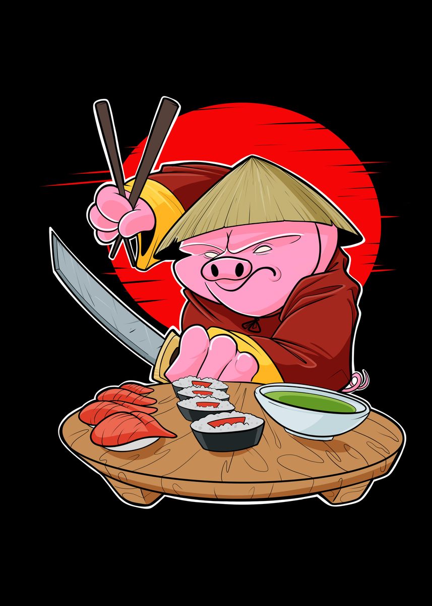 'Samurai Sushi Pig Japan' Poster by MaximusDesigns | Displate