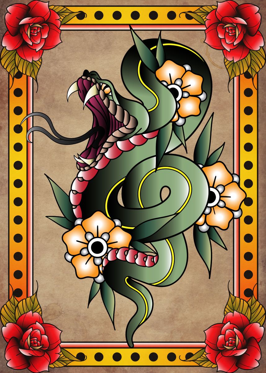 'snake traditional flowers' Poster by almost seven | Displate