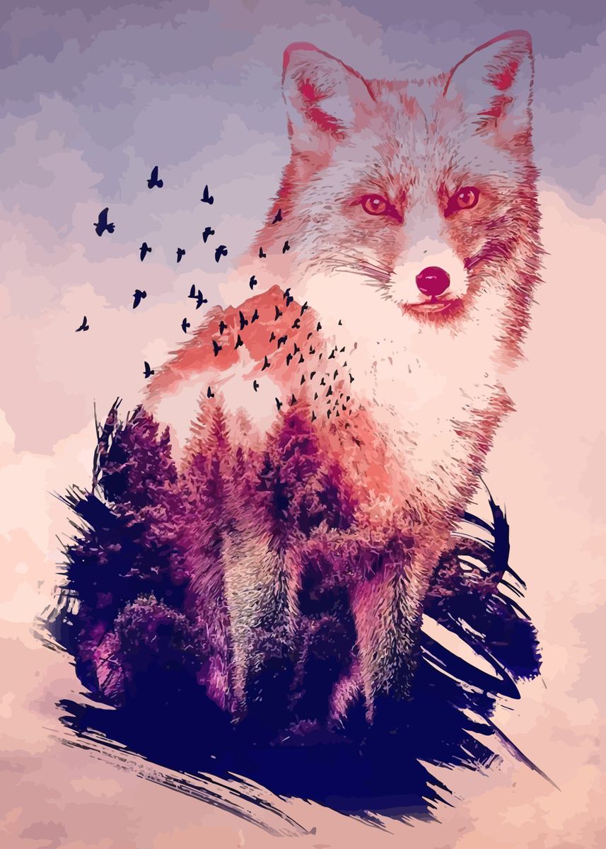'Fox Portrait Tree Nature' Poster by Linh Lung | Displate