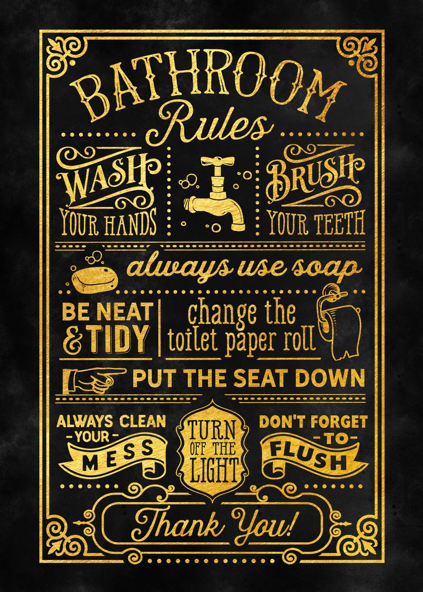 'Bathroom Rules ' Poster, picture, metal print, paint by Farwell ...