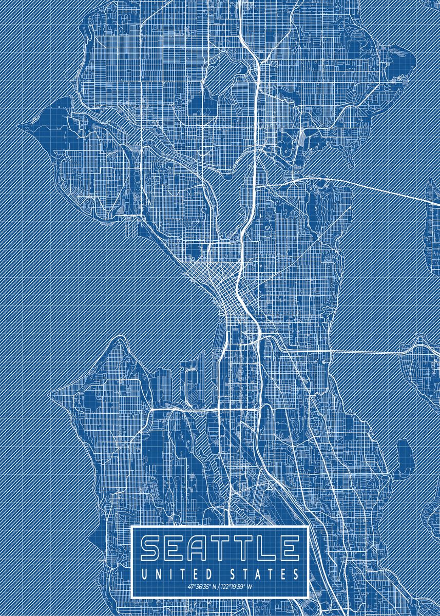 'Seattle City Map Blueprint' Poster, picture, metal print, paint by ...