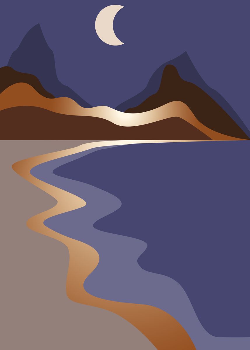 'Midnight moon landscape' Poster, picture, metal print, paint by Human ...