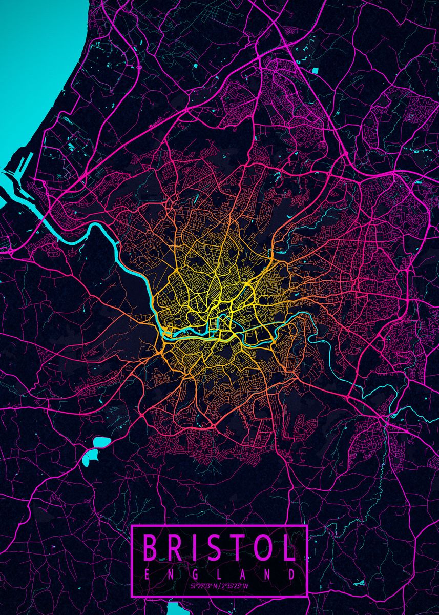 'Bristol City Map Neon' Poster, picture, metal print, paint by deMAP ...