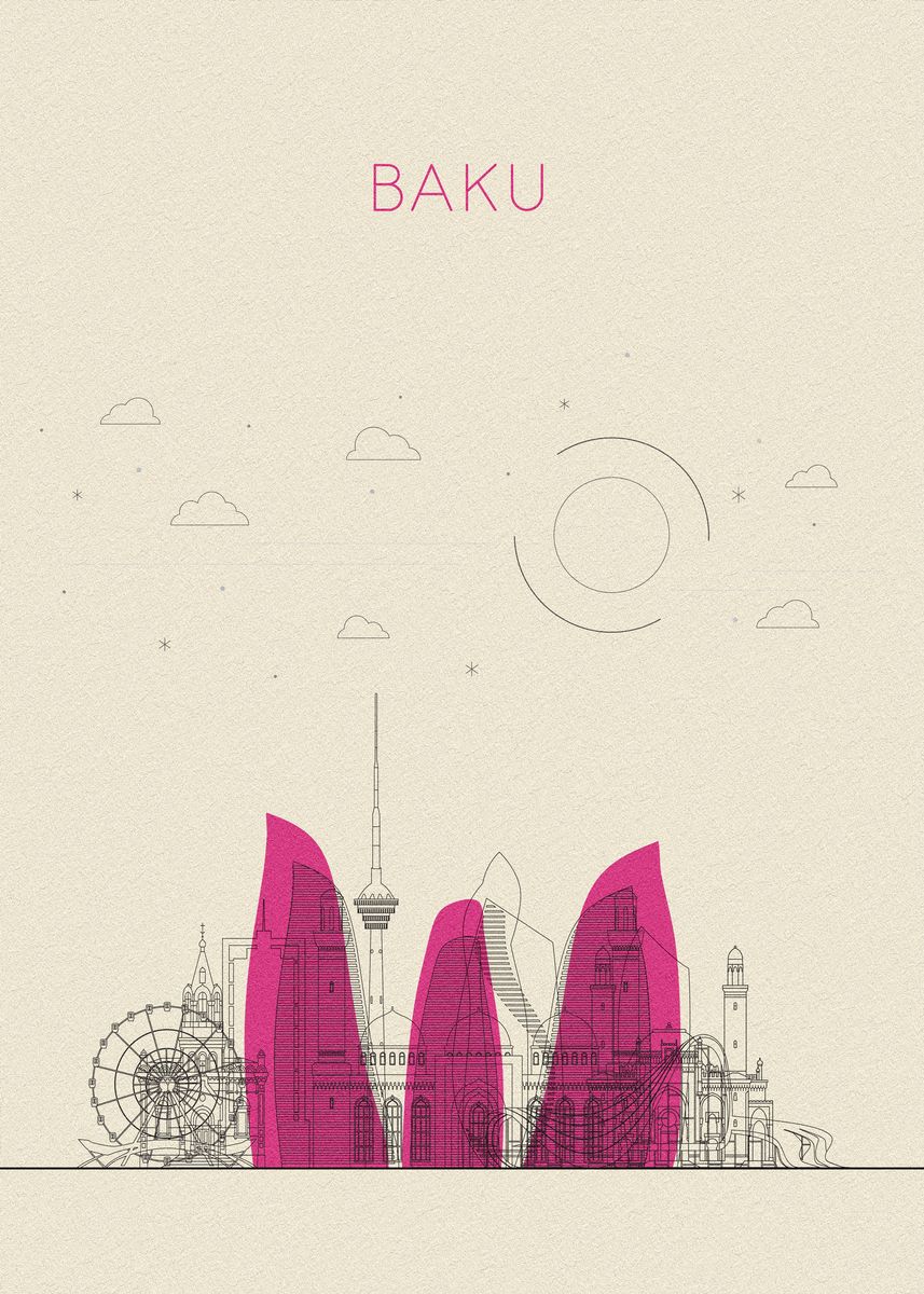 'Baku Skyline' Poster, picture, metal print, paint by Deniz A. | Displate