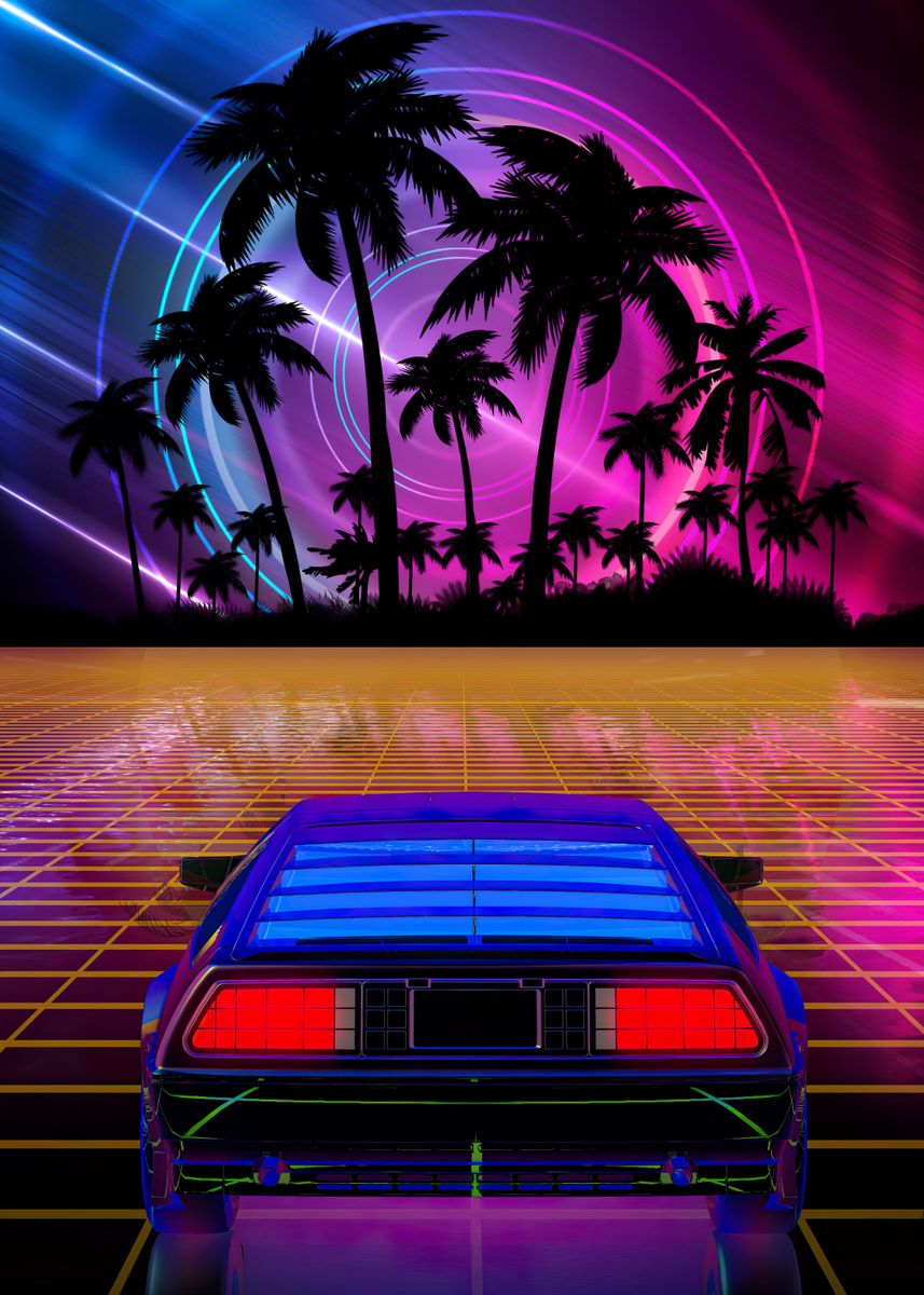 'Synthwave horizon car' Poster, picture, metal print, paint by ...