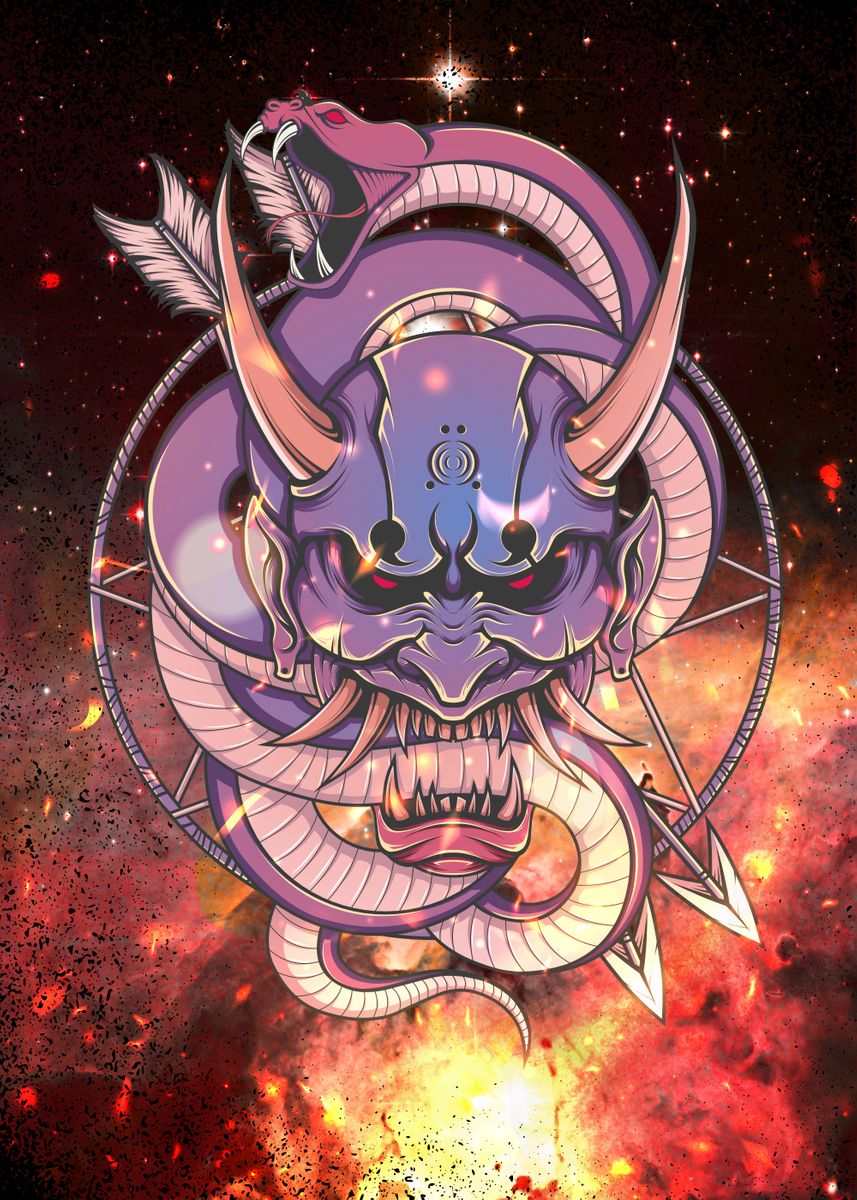 'Demon mask with snake' Poster, picture, metal print, paint by Stefan ...