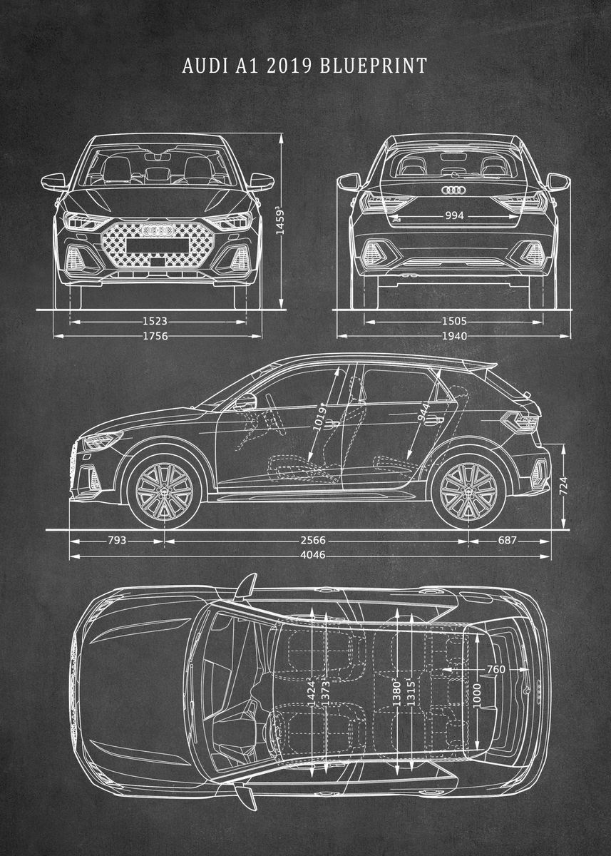 'Audi A1 2019 Blueprint' Poster, picture, metal print, paint by ...