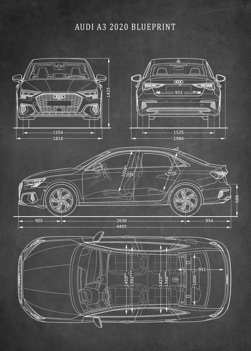 'Audi A3 2020 Blueprint' Poster, picture, metal print, paint by ...