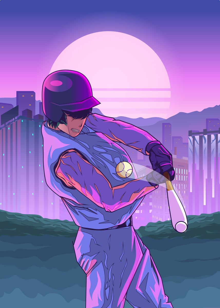 'baseball vaporwave anime' Poster, picture, metal print, paint by ...