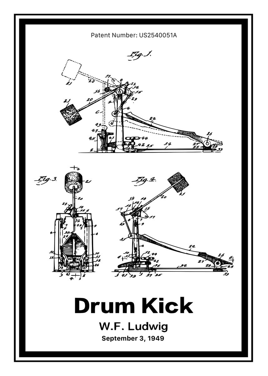 'Drum Kick patent' Poster, picture, metal print, paint by UNIKORN ...